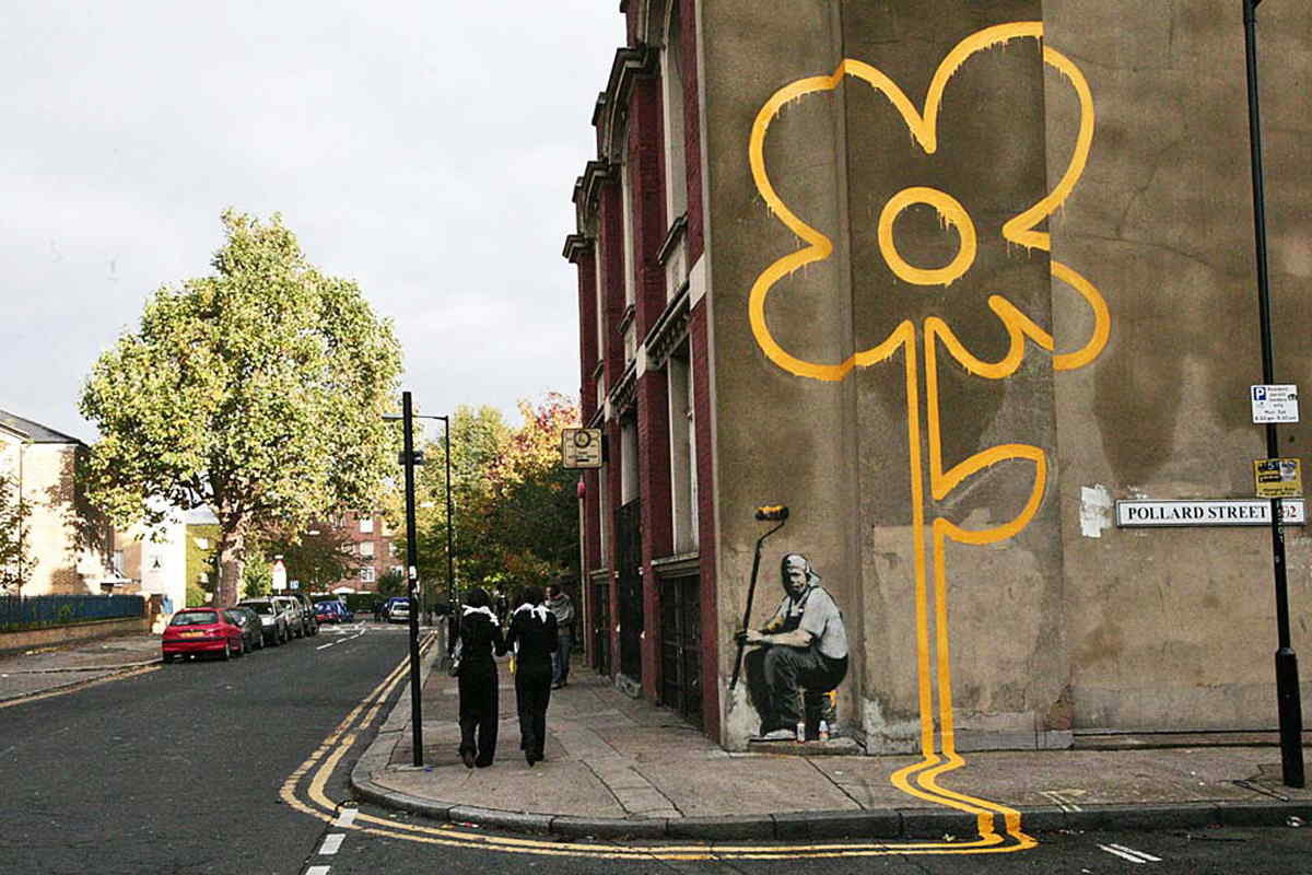 Banksy – Yellow Lines Flower Painter | Widewalls